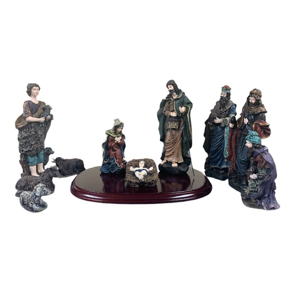 Holiday | 1 Piece Nativity Set Painted Resin With Wood Display Base ...